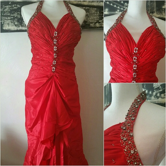 Tiffany Designs | Dresses | Tiffany Designs Red Jeweled Halter Prom ...